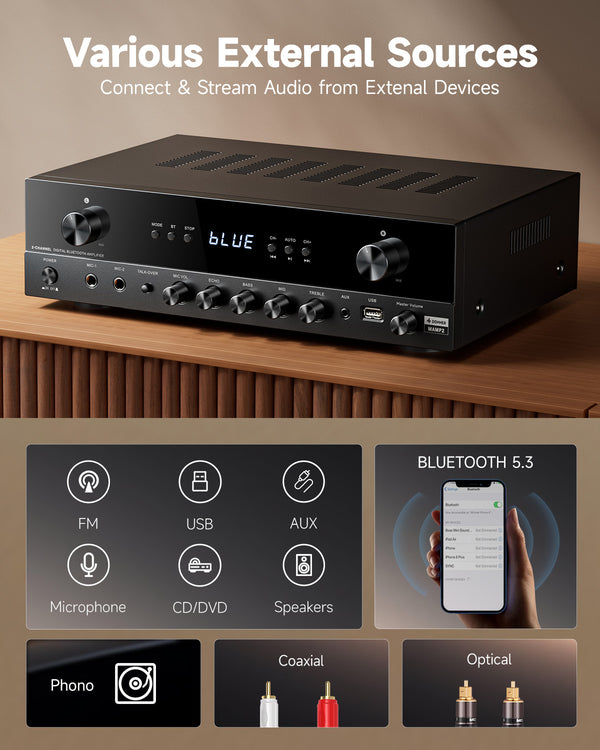 MAMP2 Stereo Audio Amplifier 600W Peak 2 Channel Bluetooth Receiver Donner